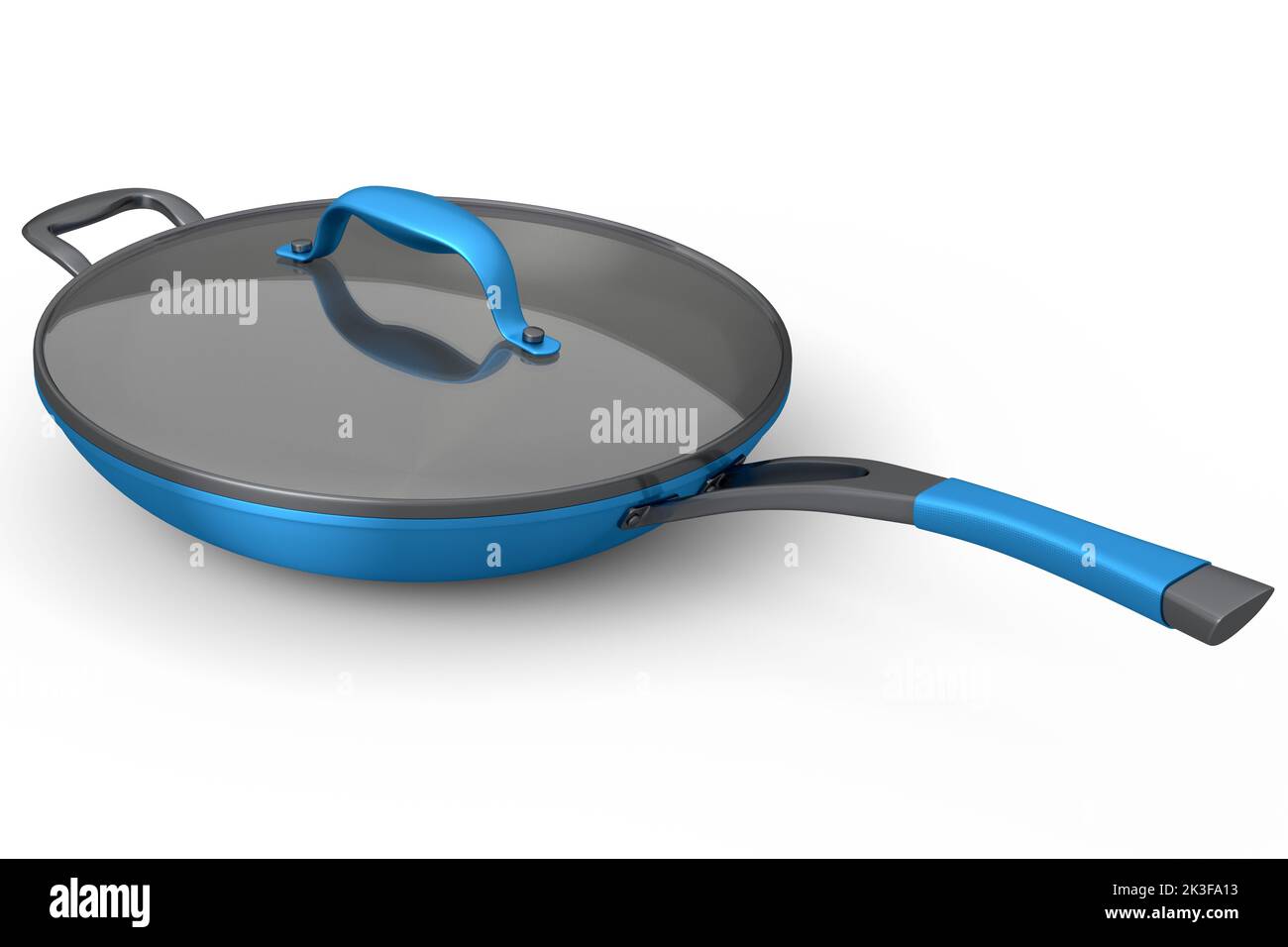 Frying pan with glass lid on white background. 3d render of non-stick ...