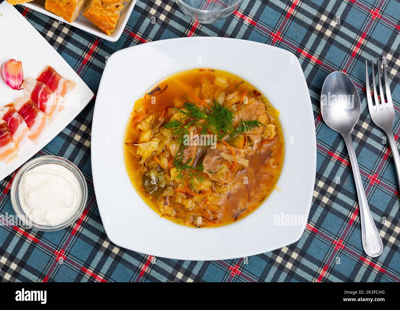 Traditional Russian dish is cabbage soup Stock Photo - Alamy