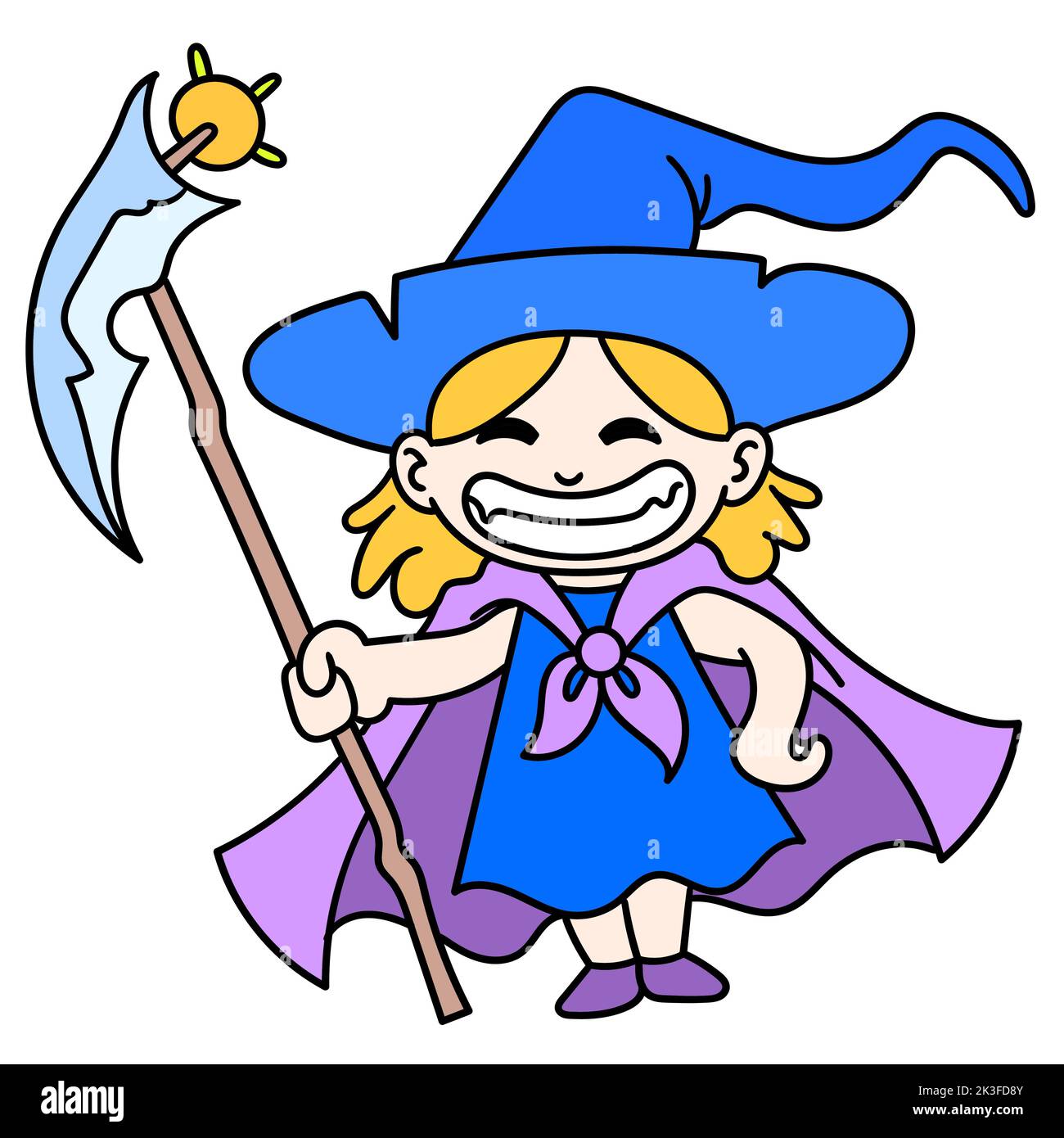 An editable cartoon style doodle of a witch girl with a wide smile ...