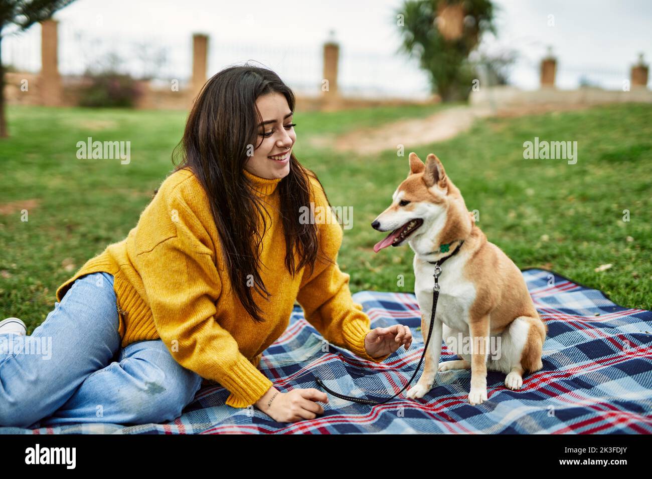 Beautiful young woman with shiba inu dog at park Stock Photo - Alamy