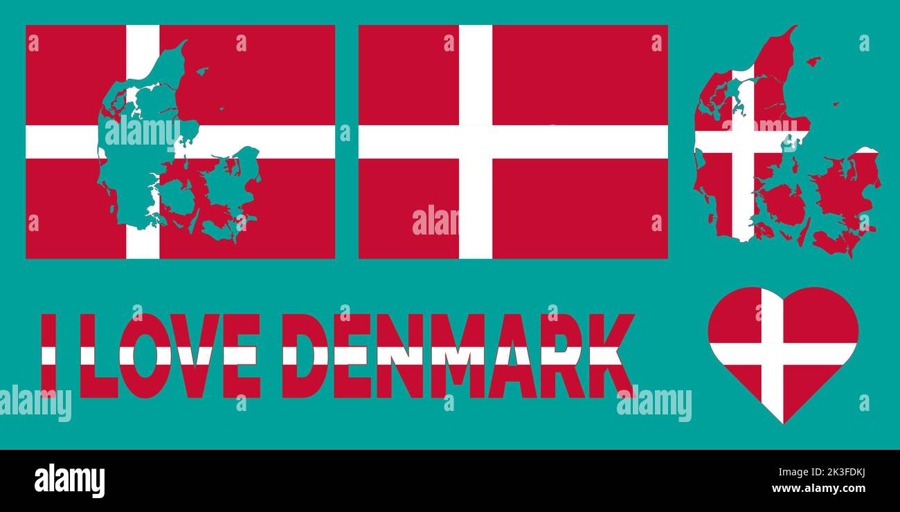 Set of vector illustrations with Denmark flag, country outline map and ...