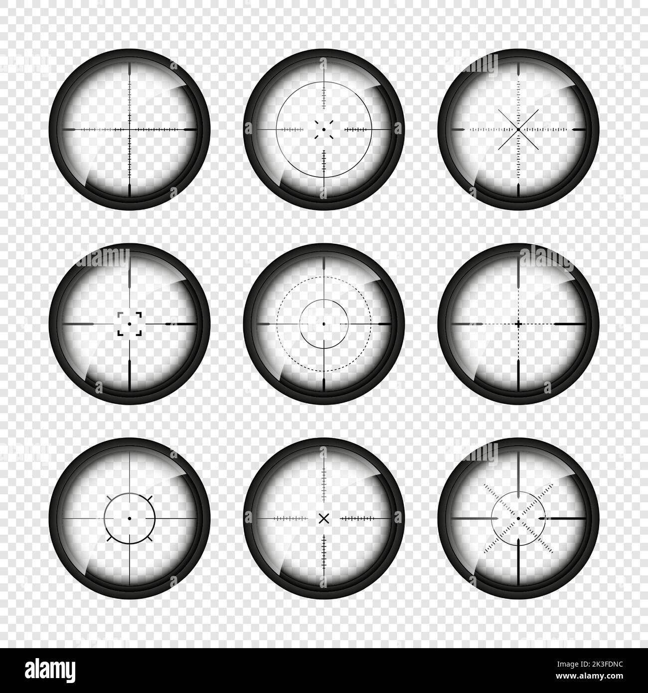 Various weapon sights, sniper rifle optical scopes. Hunting gun ...