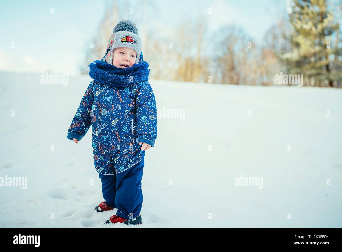 little boy in a blue jacket in a snowy forest crying on a cold day ...