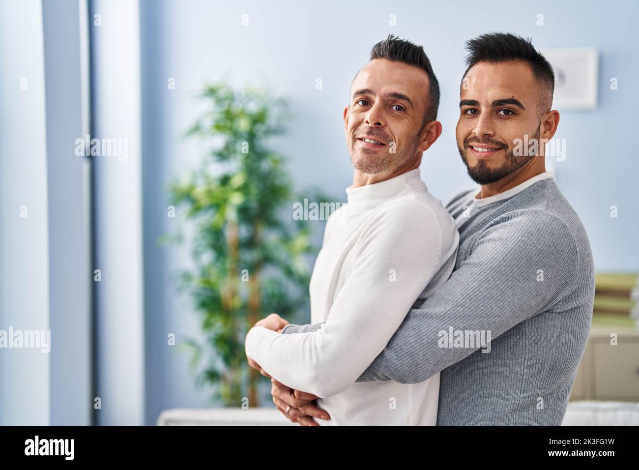 Two men couple hugging each other standing at home Stock Photo - Alamy