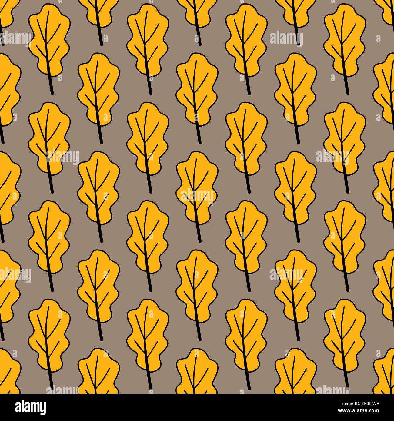Autumn yellow oak leaf in doodle style. Seamless illustration. Hello ...