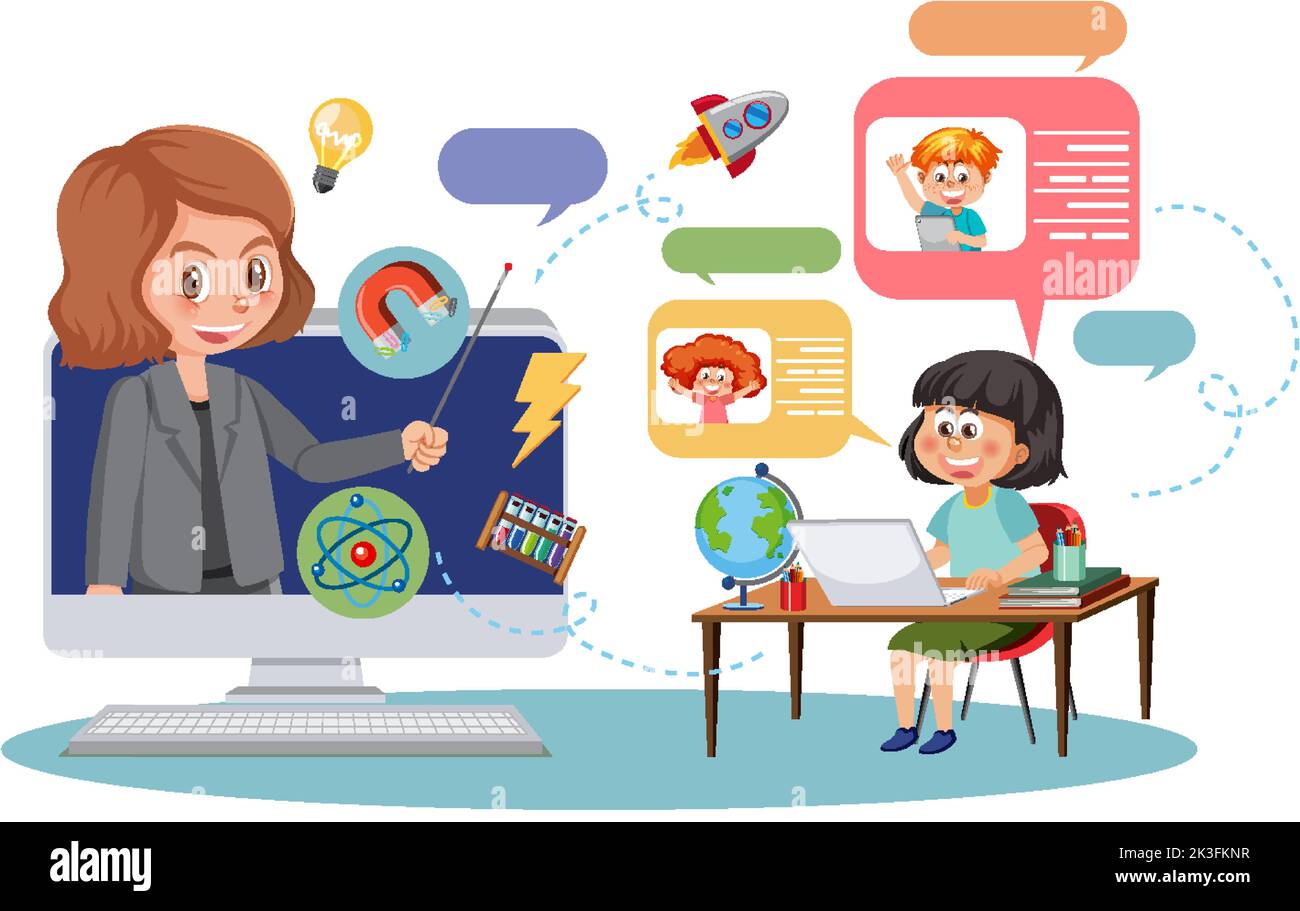 A girl using laptop for online learning illustration Stock Vector Image ...