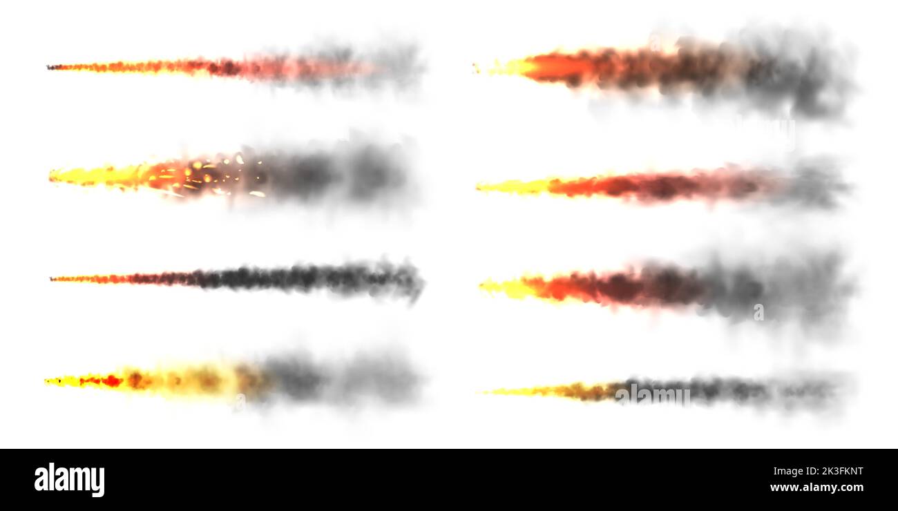 Realistic black smoke with fire, space rocket launch trails. Fire burst ...