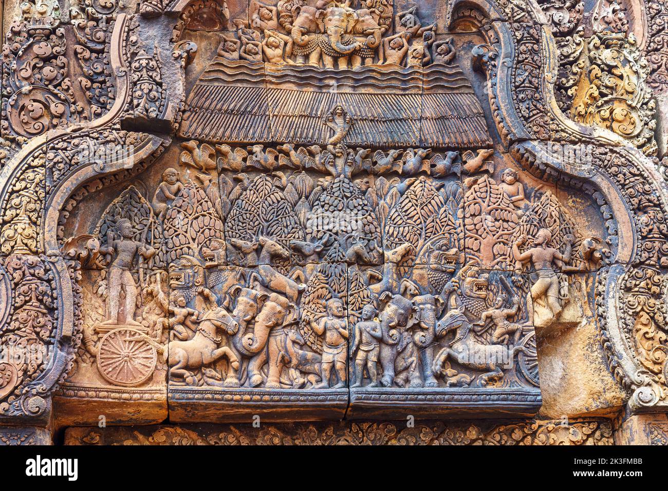 Cambodia. Siem Reap. The archaeological park of Angkor. Banteay Srei Temple. Detail of bas ...