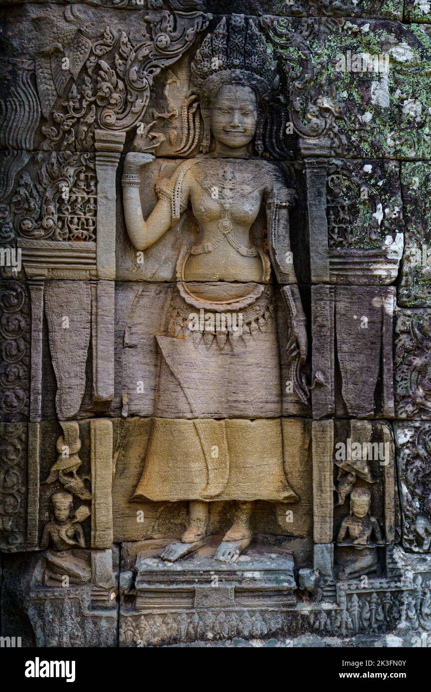 Cambodia. Siem Reap. The archaeological park of Angkor. A bas relief of Devata at Bayon Temple ...