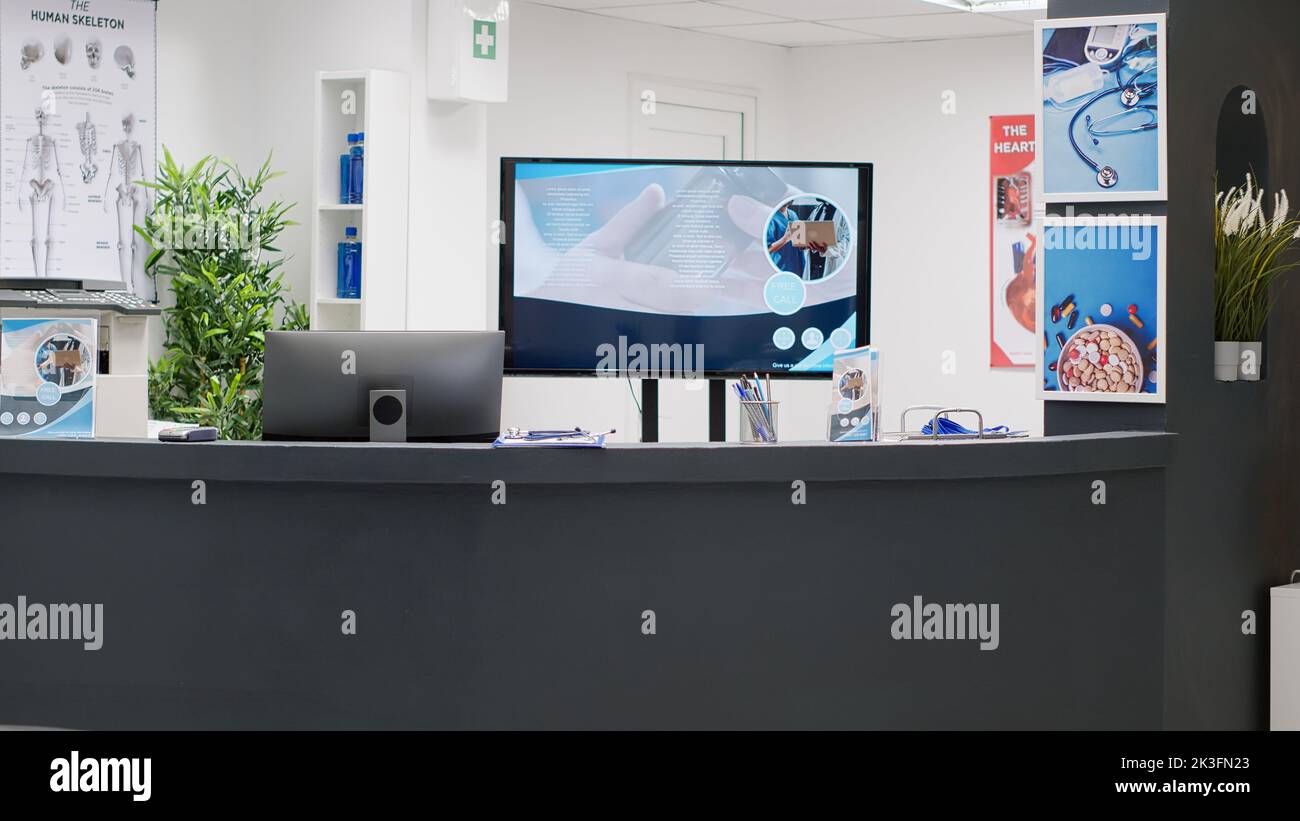Hospital reception counter in clinic lobby to help patients and doctors ...