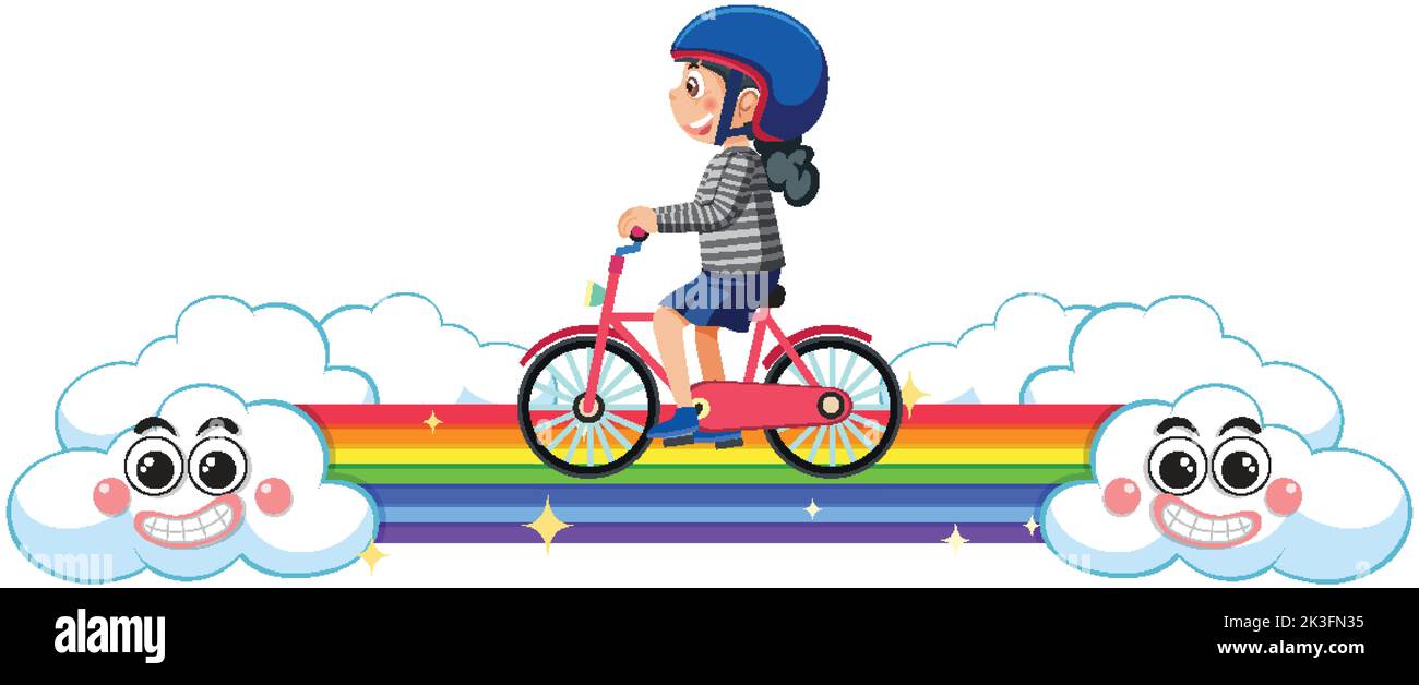 Children riding bicycle on rainbow illustration Stock Vector Image ...