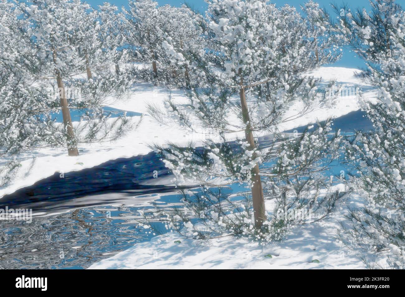 3D rendering of wild winter landscape with mountains, pine river and ...