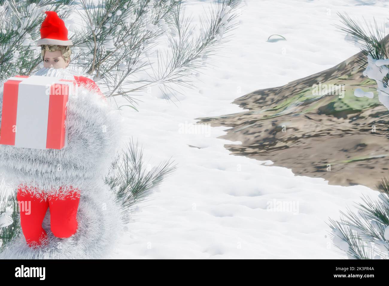 Santa Claus trotting through the wild snowy forest while carrying a ...
