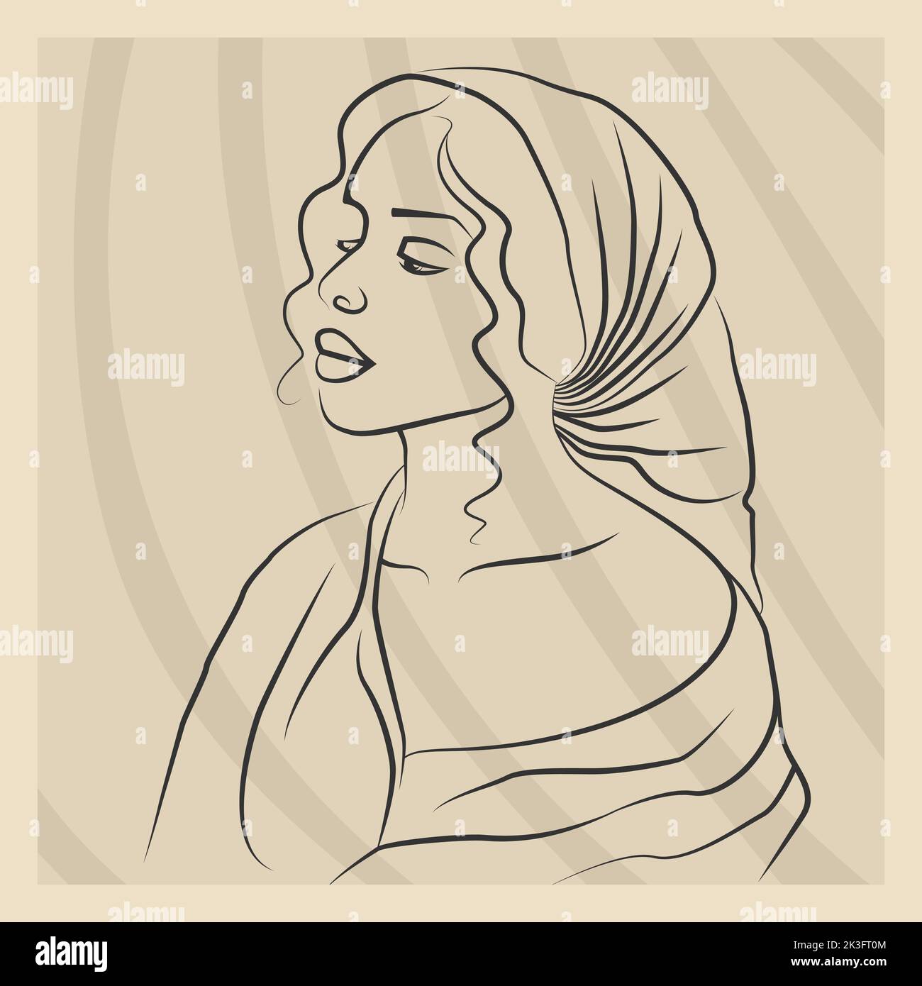 African woman portrait line drawing illustration beige poster Stock ...
