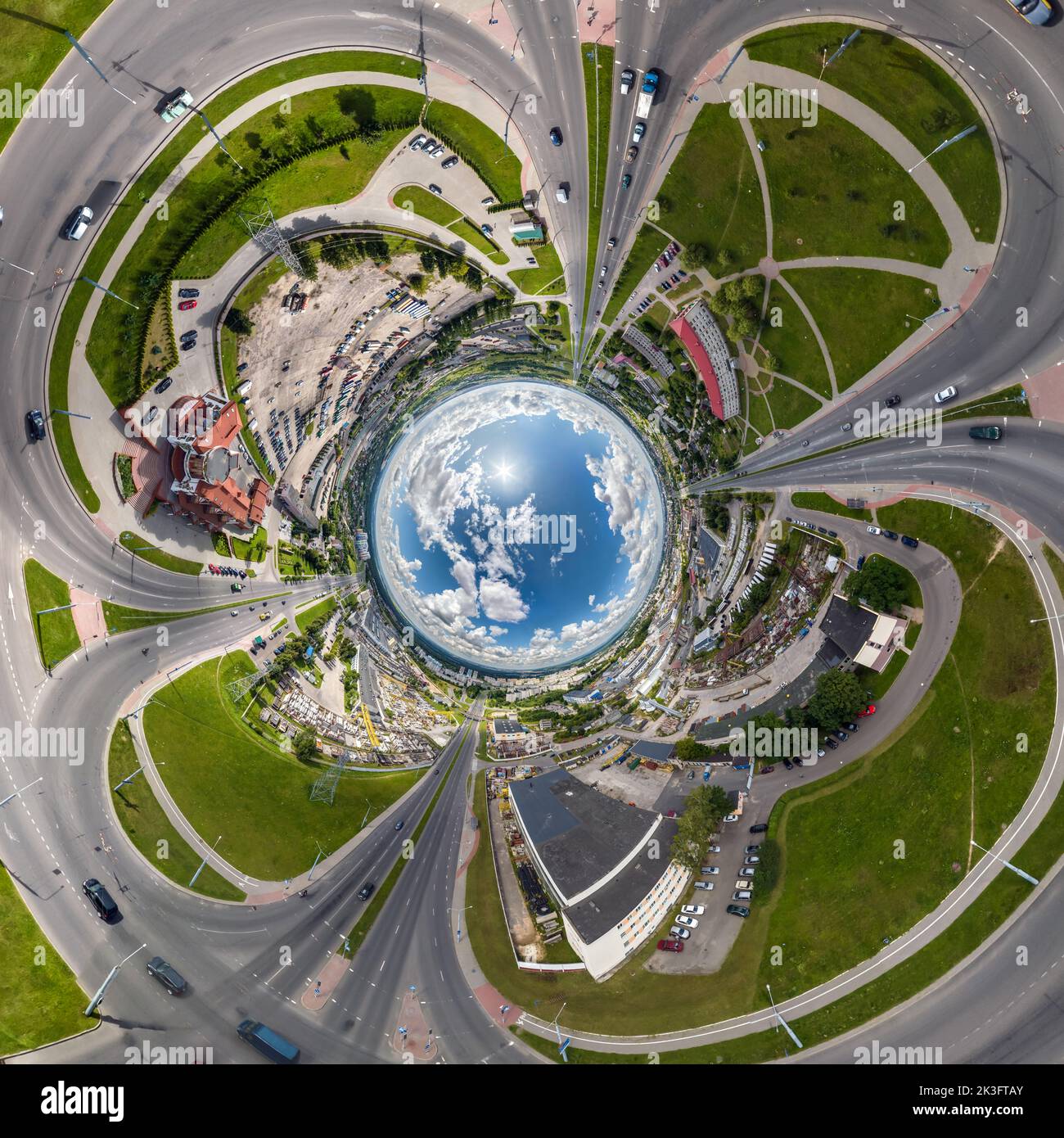 blue sphere inside overlooking old town, urban development, historic ...