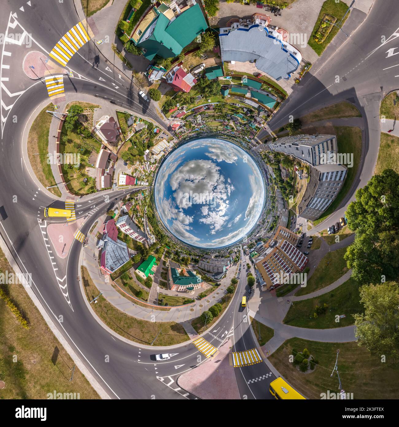 blue sphere inside overlooking old town, urban development, historic ...