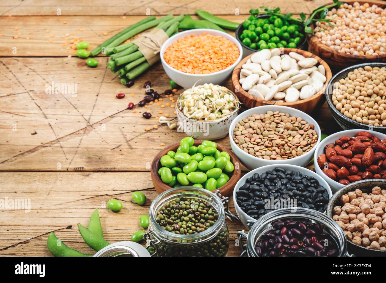 Legumes, beans and sprouts. Dried, raw and fresh, top view. Lentils ...