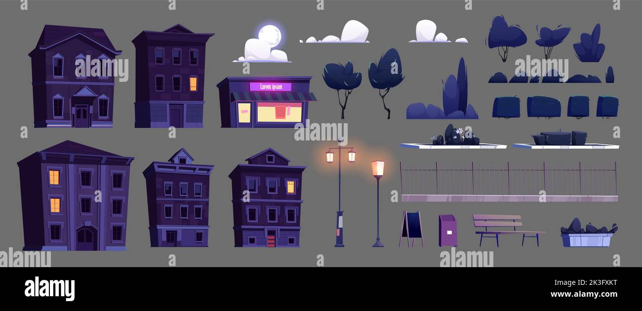 Night city constructor set of houses, buildings, shop, street lanterns, trees, bushes, bench ...