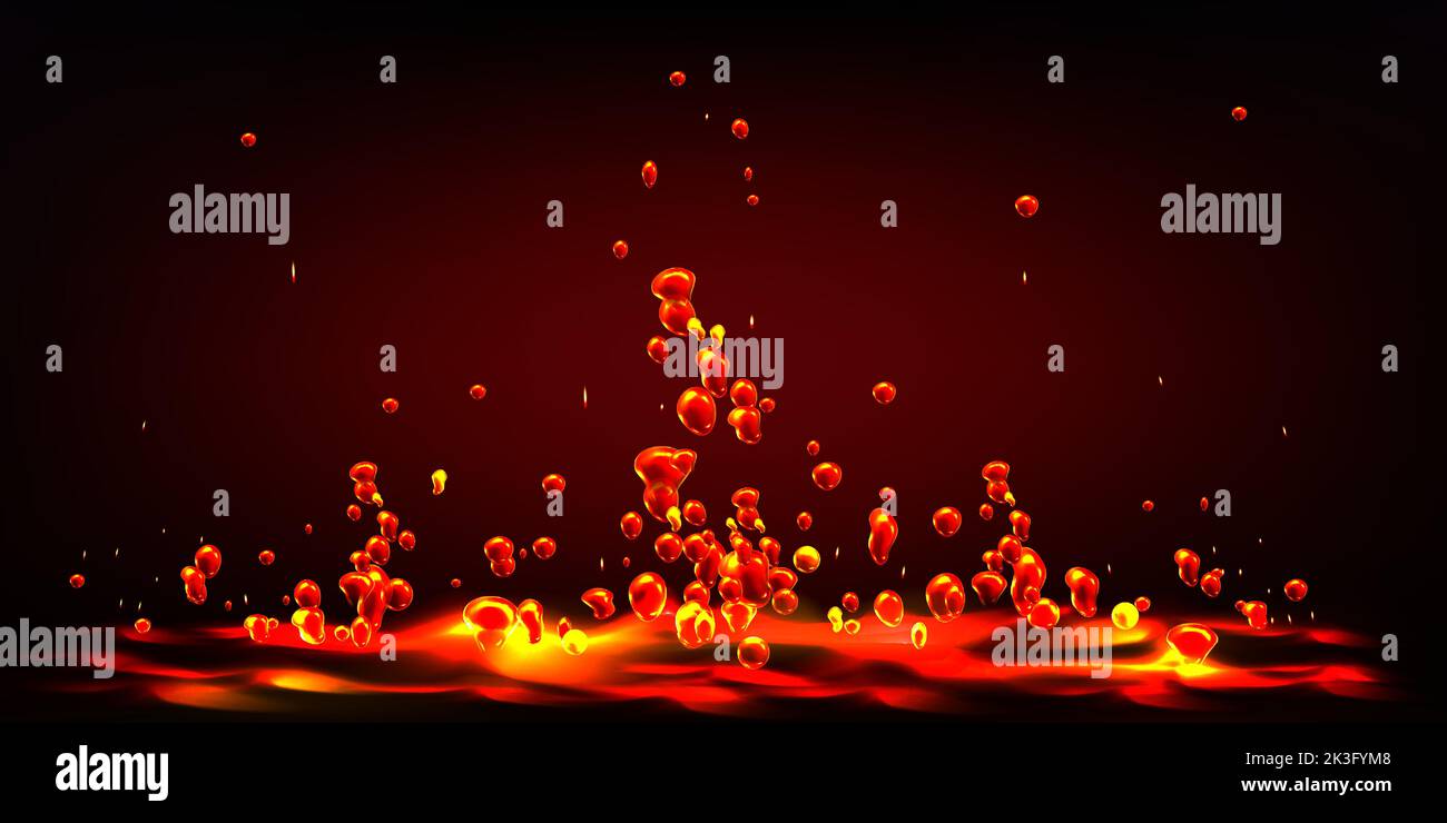 Hot liquid lava splash with flying red drops. Abstract background of ...