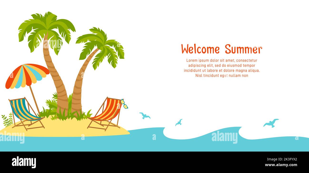Welcome Summer banner, beach island background. Tropical palm trees and ...