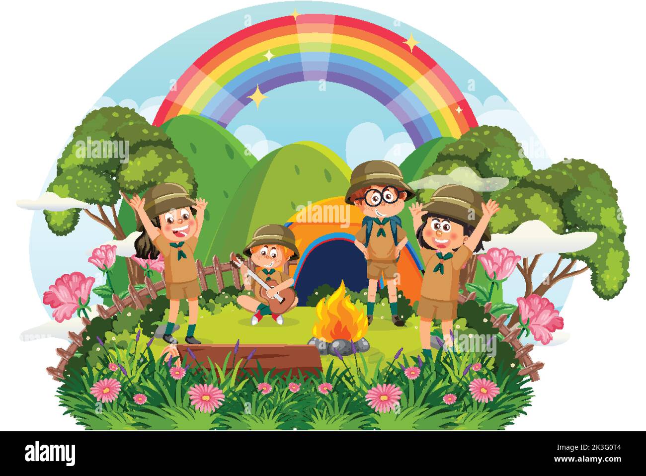 Camping children with rainbow in the sky illustration Stock Vector ...