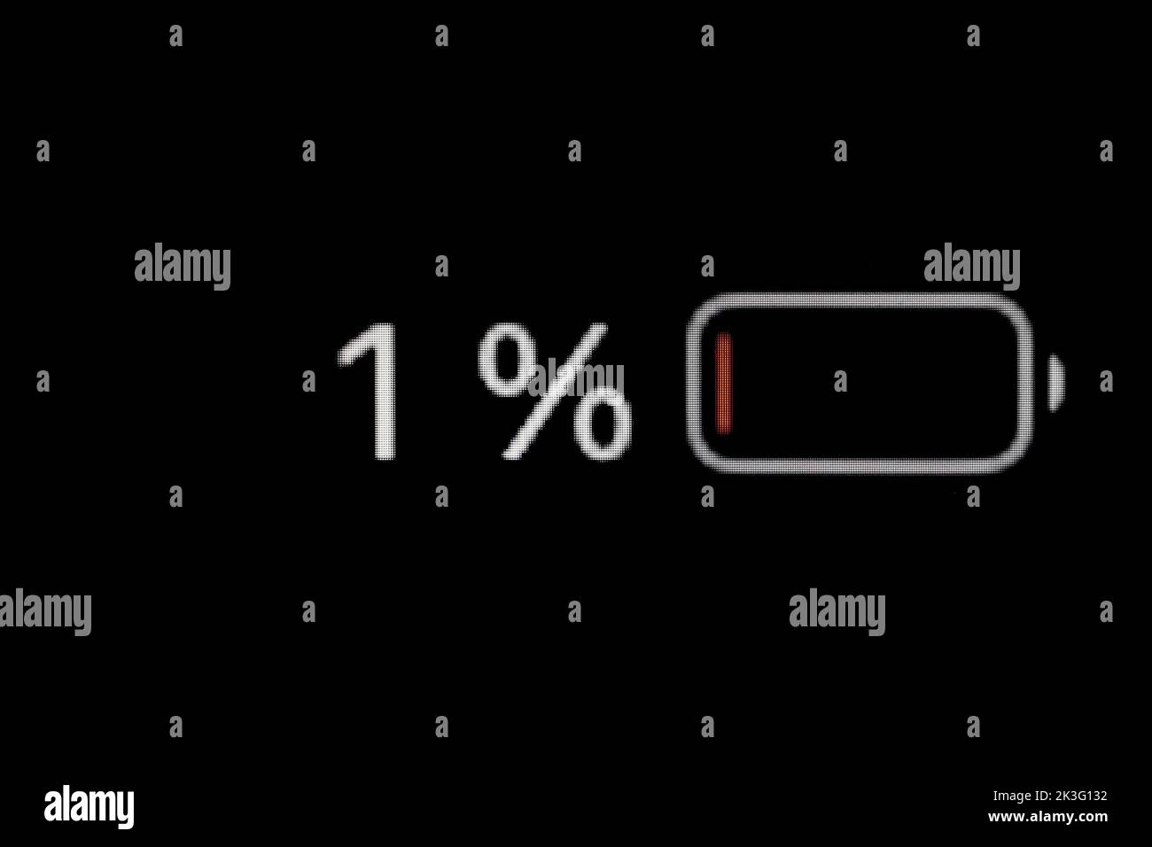 Smartphone charged battery level indicator - one, 1 percent: close up ...