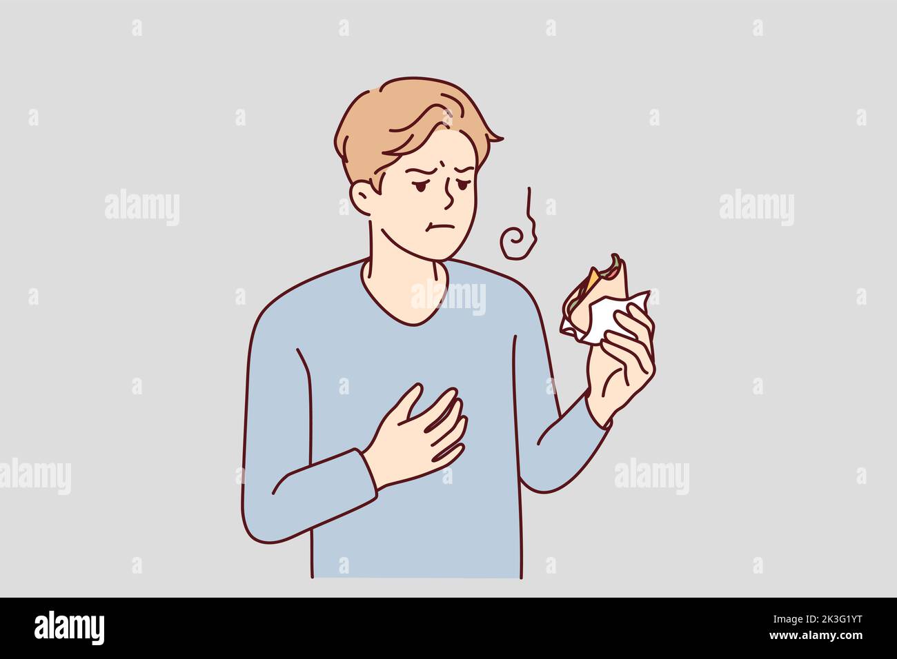 Unwell young man feel bad eating sandwich. Unhealthy guy have ...
