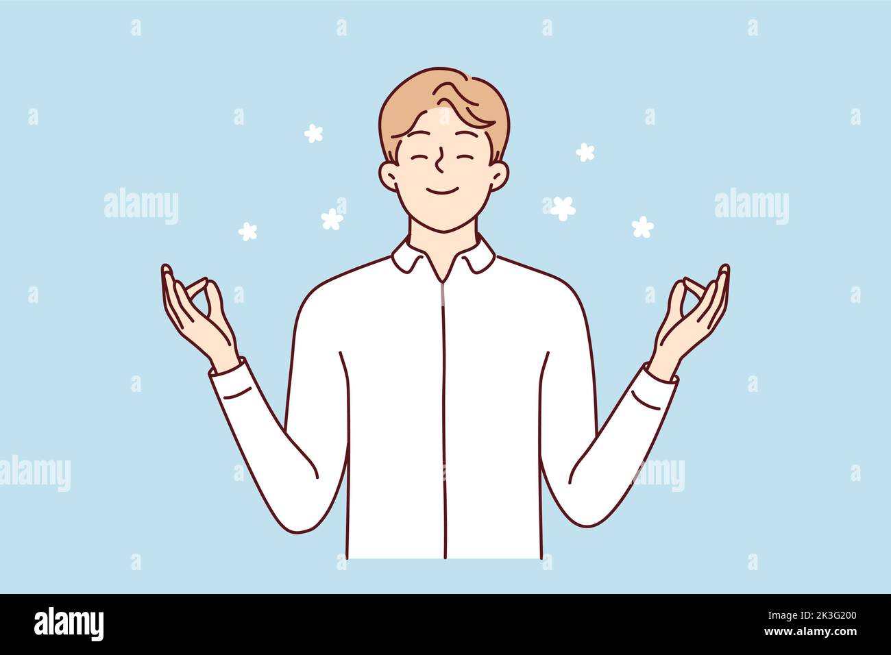 Happy young man with mudra hands meditate relieve negative emotions ...