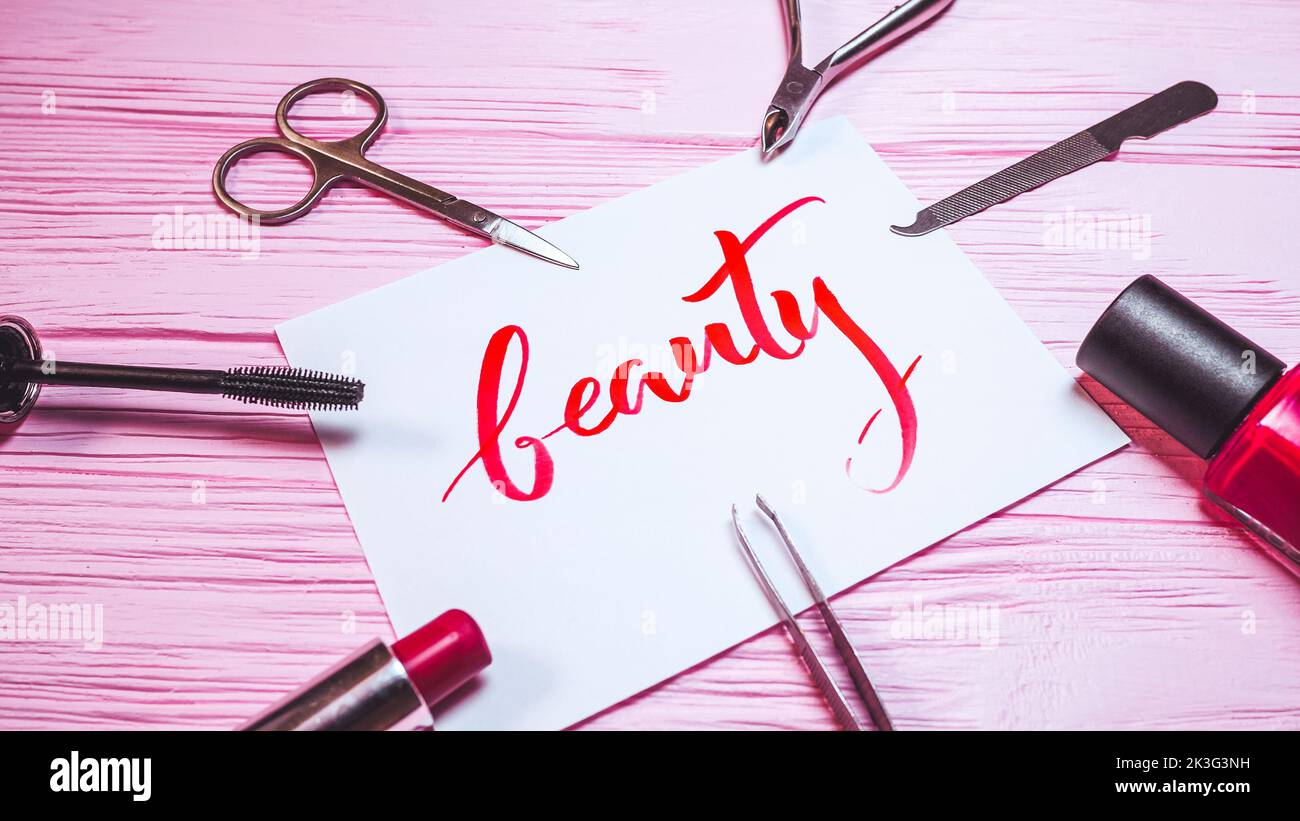 Beauty text. Font of lettering word on white paper with red ink by ...