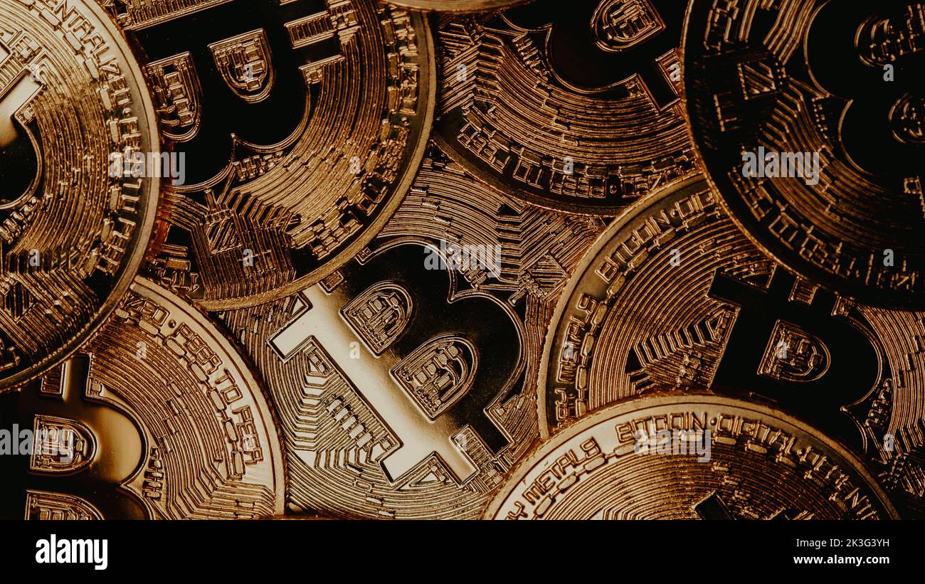 Bitcoin, crypto currency. Golden coins rotating clockwise. Digital ...