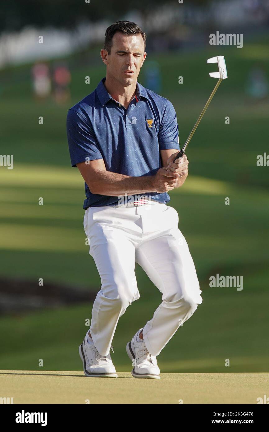Charlotte, North Carolina, USA. 24th Sep, 2022. Billy Horschel reacts after missing a putt on ...