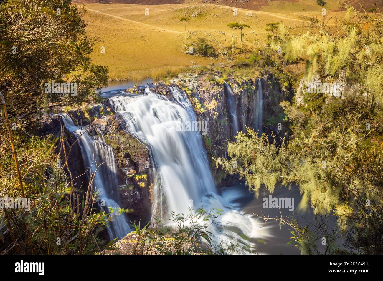 Southern Brazil countryside and waterfall landscape at peaceful sunset ...