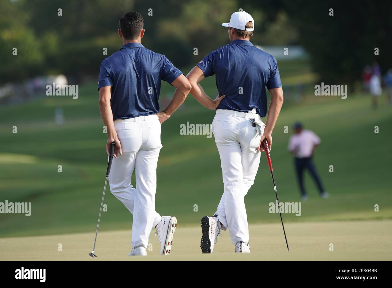 Charlotte, North Carolina, USA. 24th Sep, 2022. Billy Horschel (L) and Sam Burns wait to putt on ...