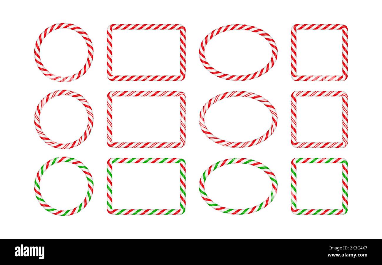 Christmas candy cane frames with red and green striped. Xmas circle ...