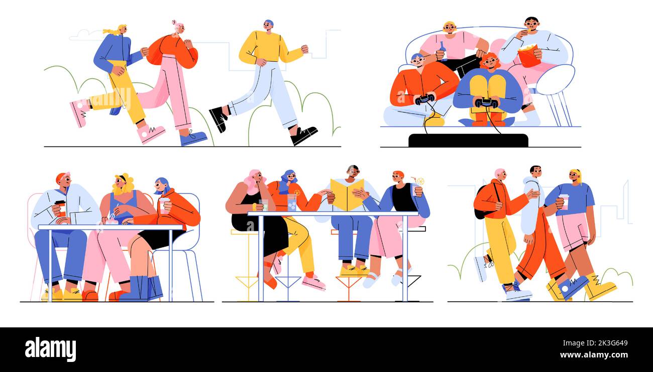 Friends spend time together, happy people communicate, meeting, reading ...