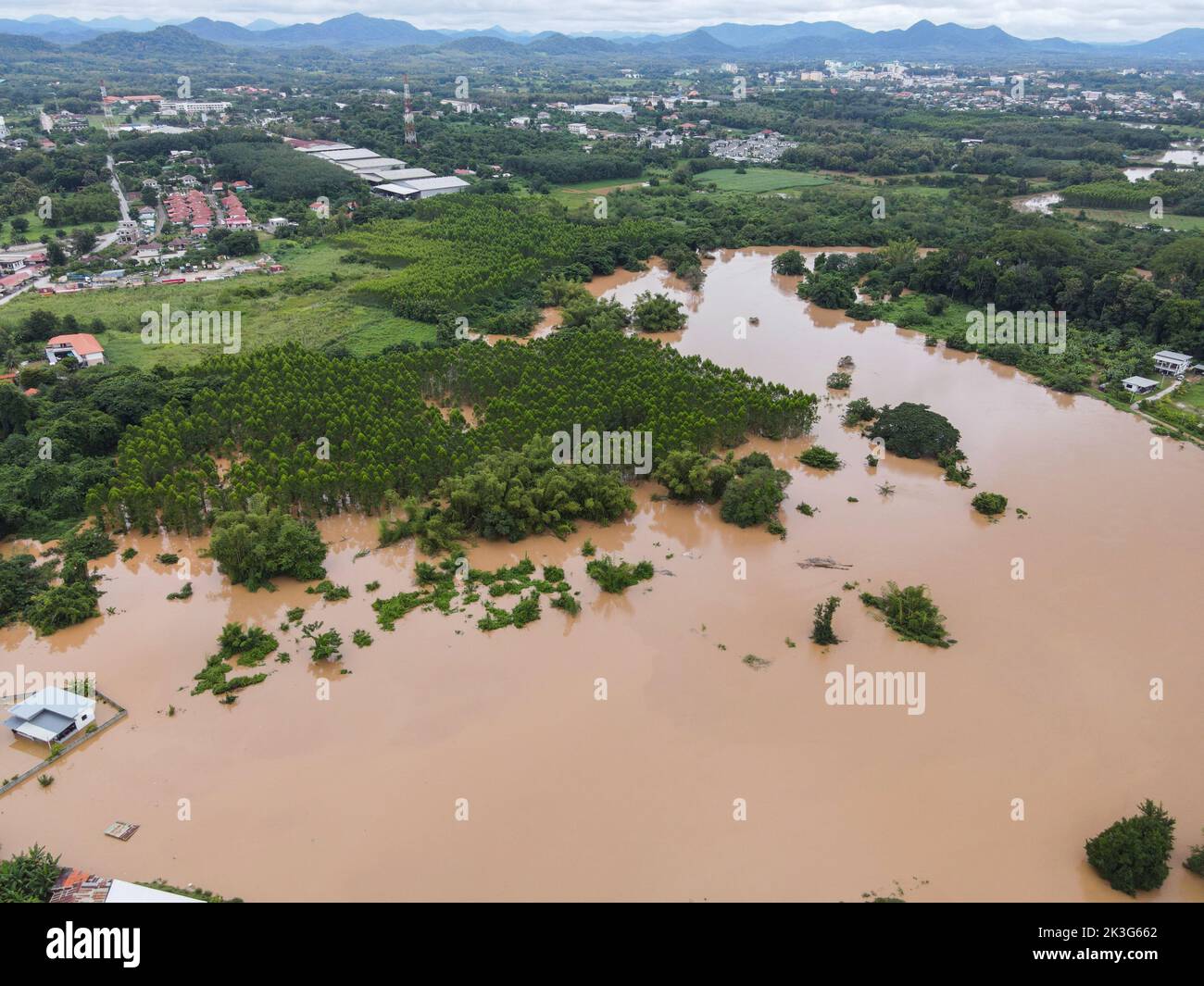 Aerial view river flood village countryside Asia and forest tree, Top ...