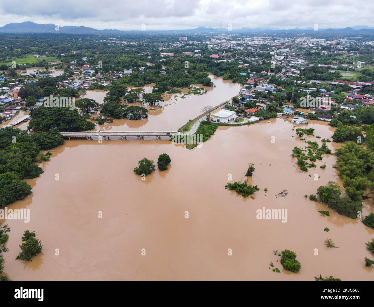 Aerial view river flood village countryside Asia and forest tree, Top ...