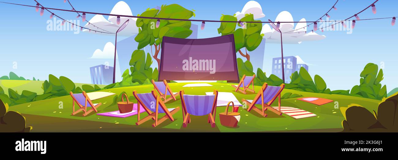 Outdoor cinema at summer city park landscape. Open air movie theater ...