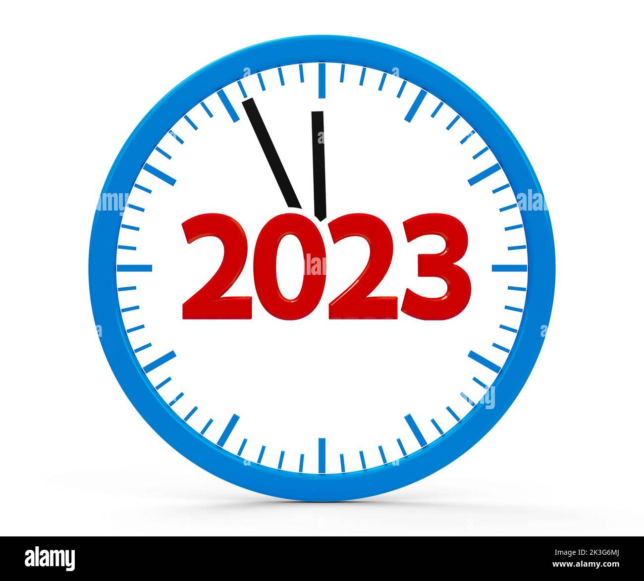 Modern isolated clock on white background represents new year 2023, three-dimensional rendering ...
