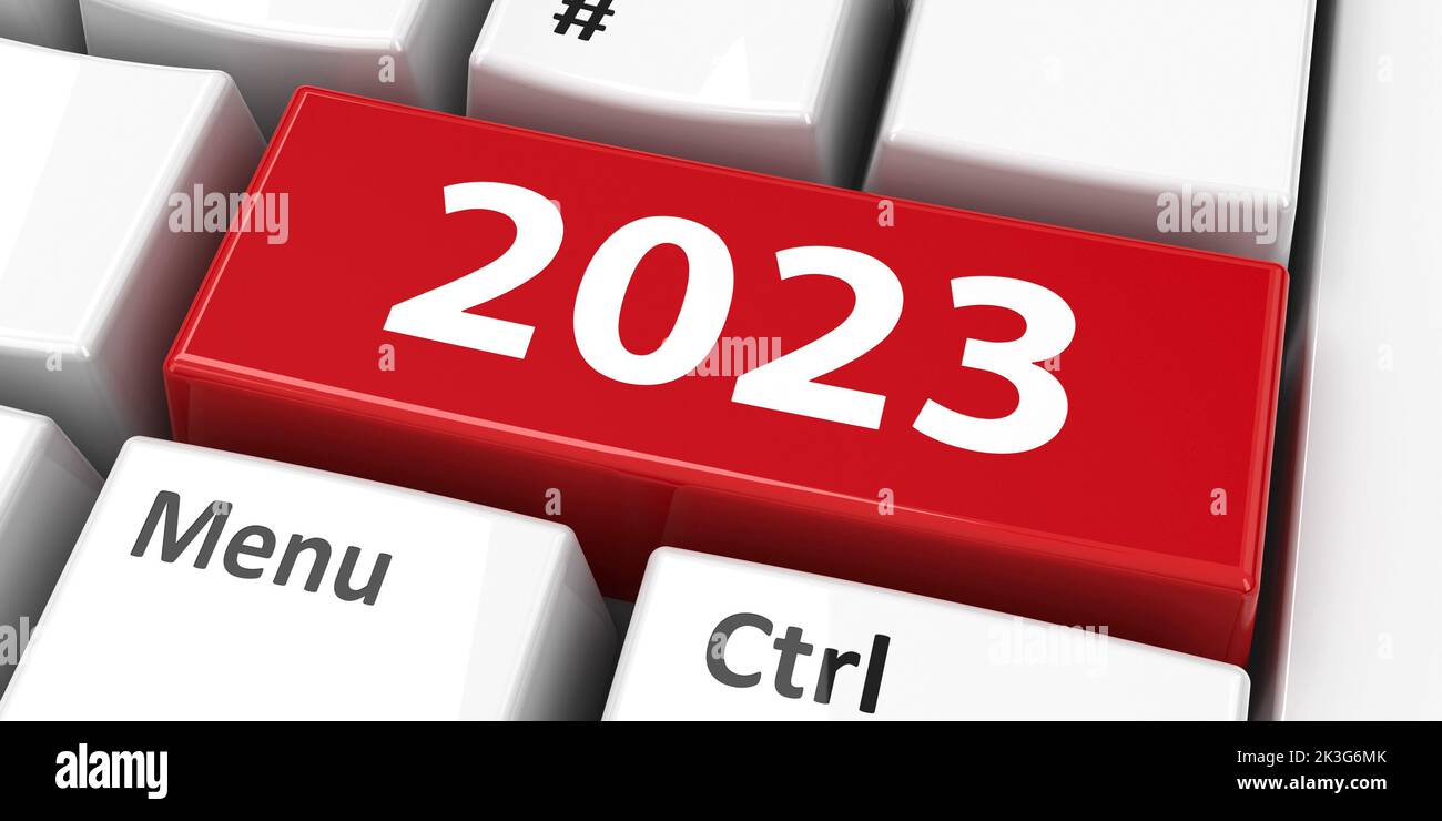 Computer keyboard with 2023 key represents new 2023 year, three ...