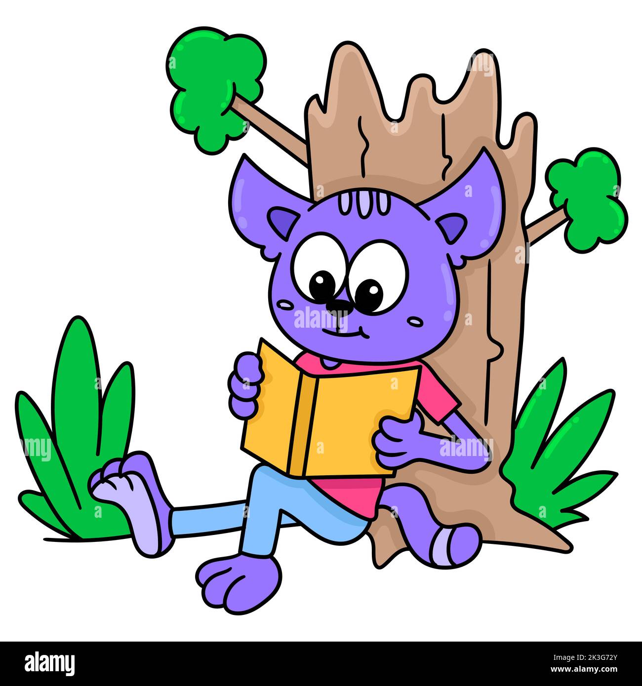 A creative illustration of a purple cat character sitting under a tree ...