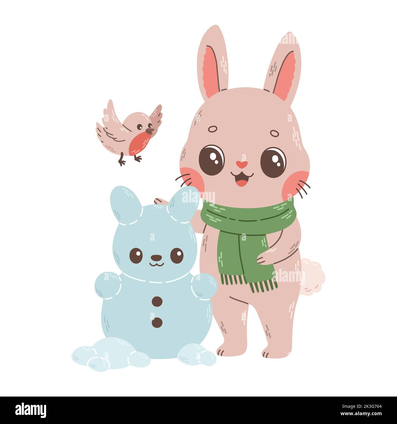 Cute rabbit making bunny snowman with bird vector Stock Vector Image ...