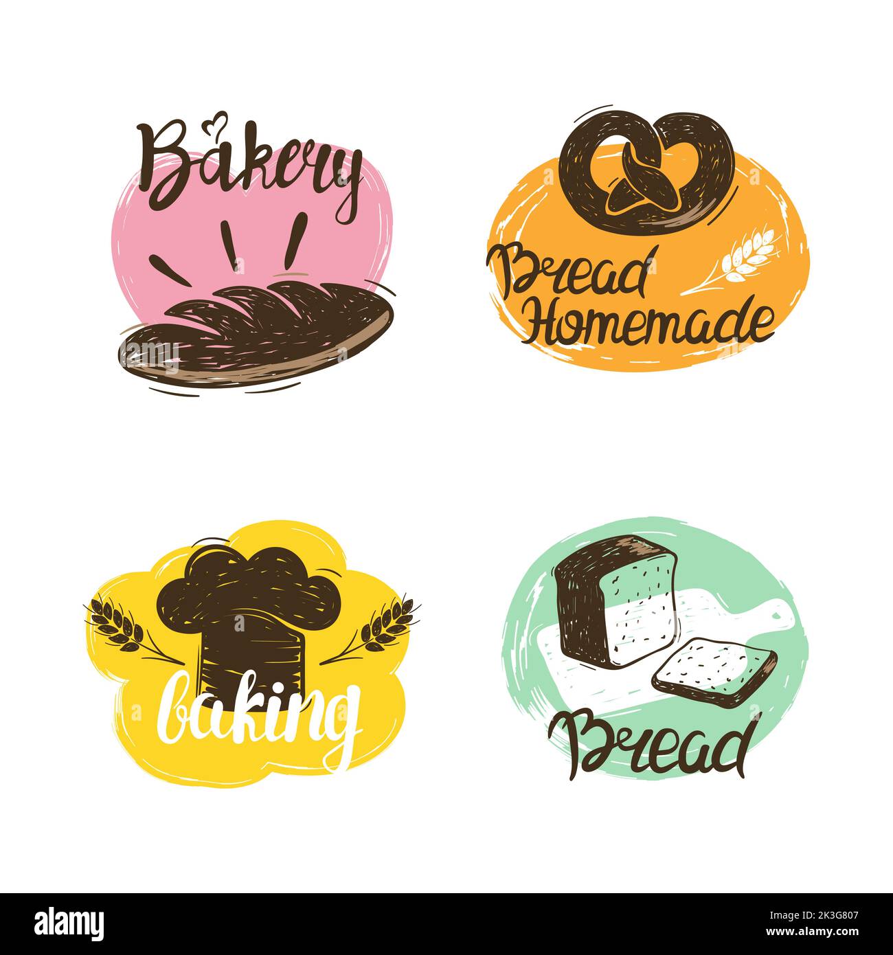 Bakery logotypes set. Colorful doodle bakery logos and labels ...