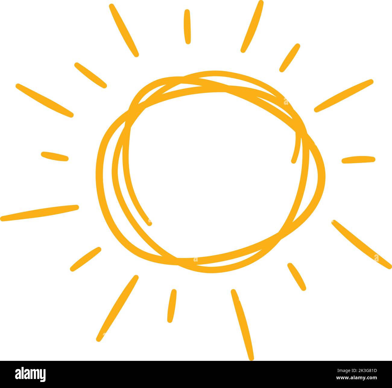 Doodle childish sun icon. Scribble yellow sun with rays symbol. Doodle ...