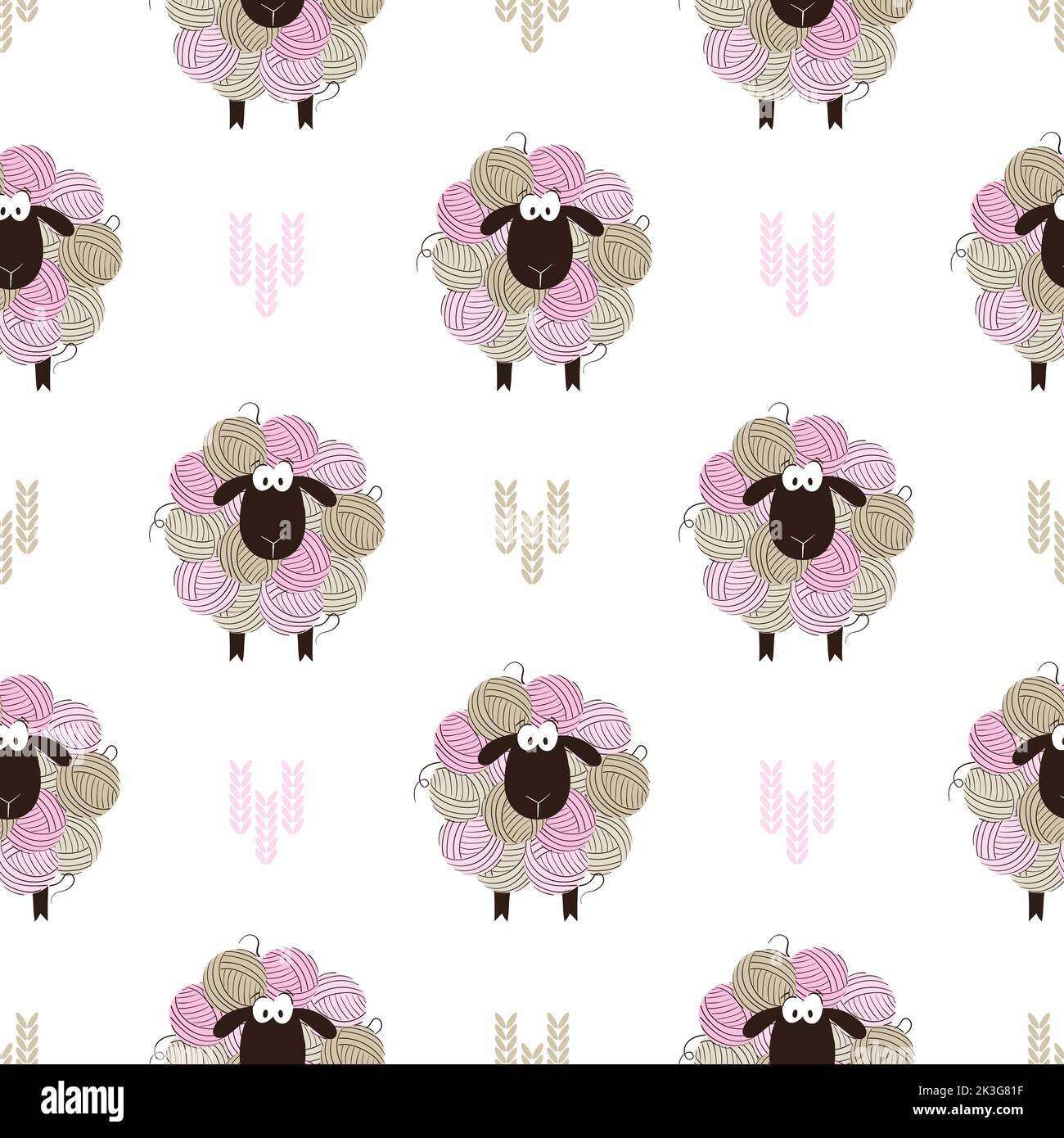 Seamless pattern with funny sheep made of yarn balls. Vector cartoon ...