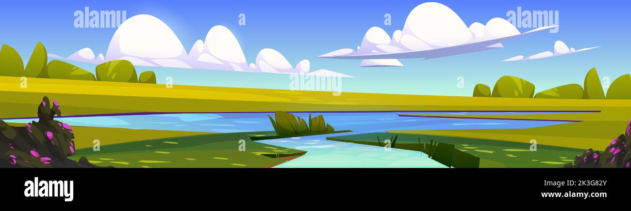 Summer scene with river flowing into lake, green grass and bushes with ...