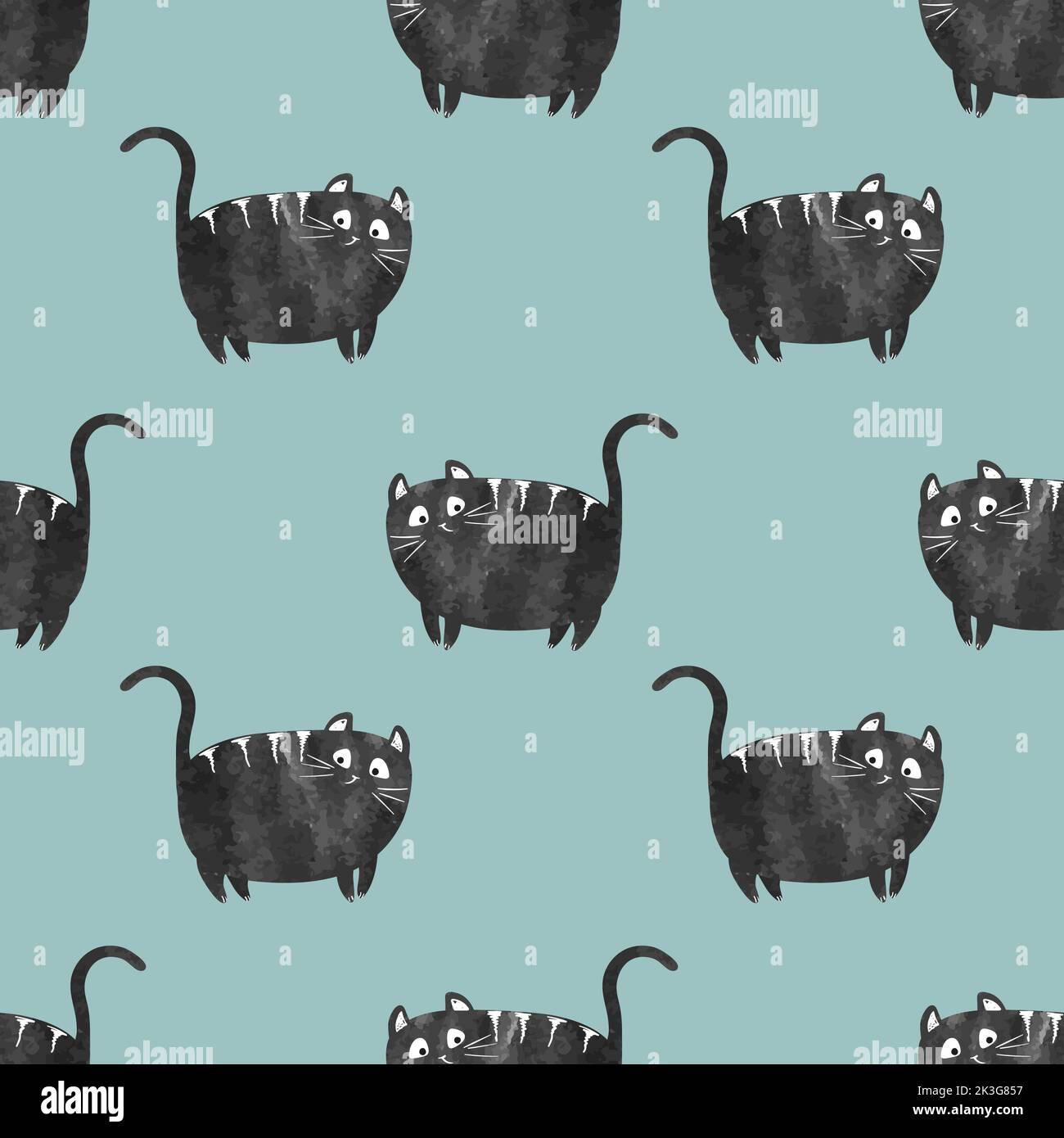 Seamless funny black cat pattern. Vector watercolor illustration Stock ...