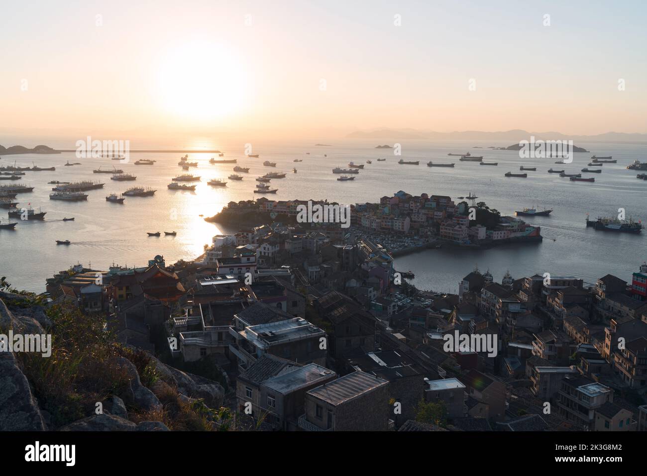 Seaside port with residental houses around, in Taizhou, Zhejiang, China ...