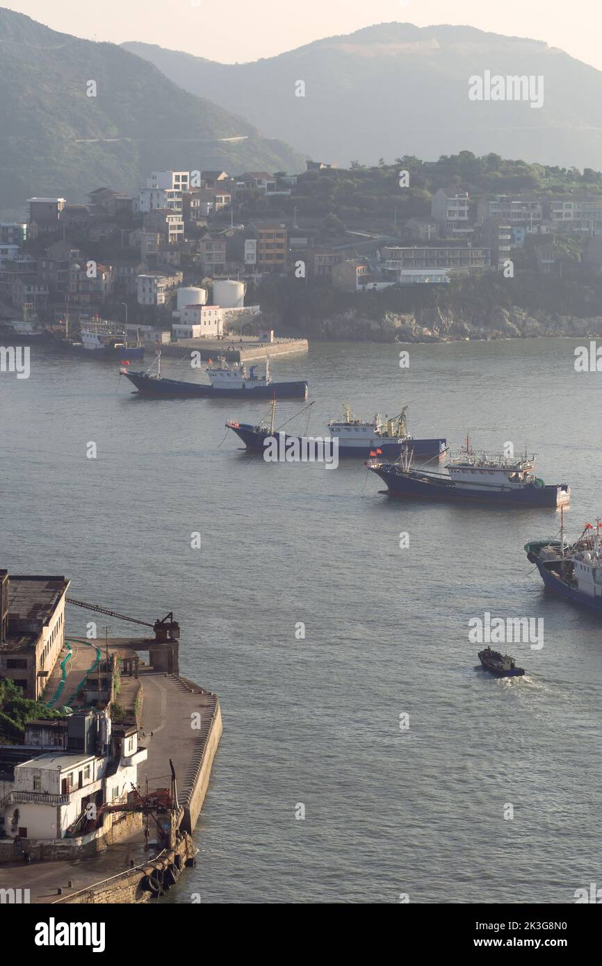 Seaside port with residental houses around, in Taizhou, Zhejiang, China ...