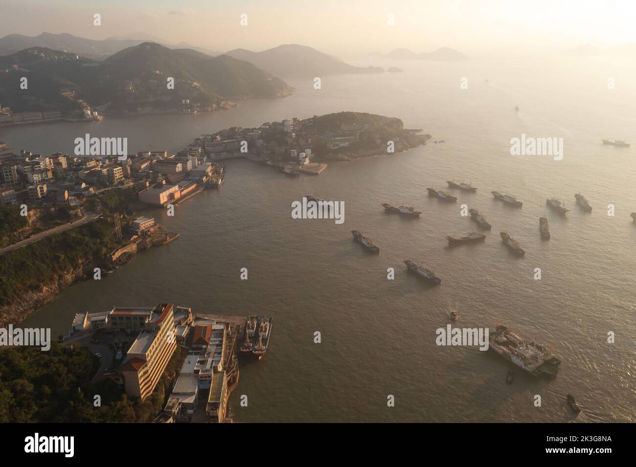 Seaside port with residental houses around, in Taizhou, Zhejiang, China ...